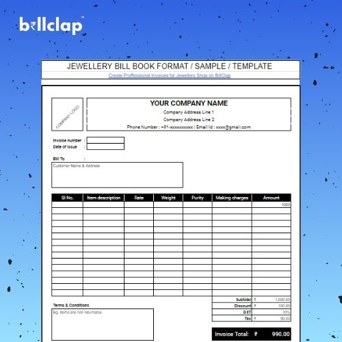 Download Jewellery Shop bill book format for Free in PDF/Excel
