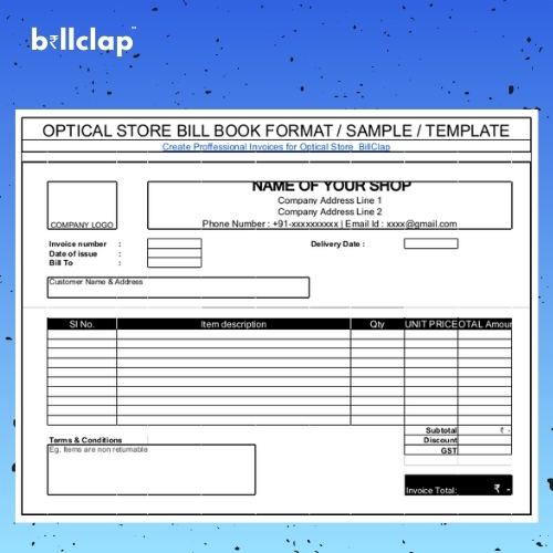 Download Optical Store bill book format for Free in PDF/Excel